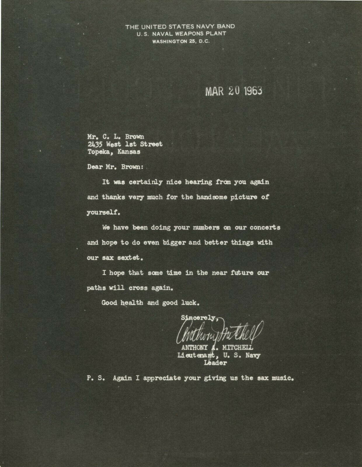 Vintage 1963 Letter From Navy Lieutenant Mitchell to C. L. Brown Topeka ...
