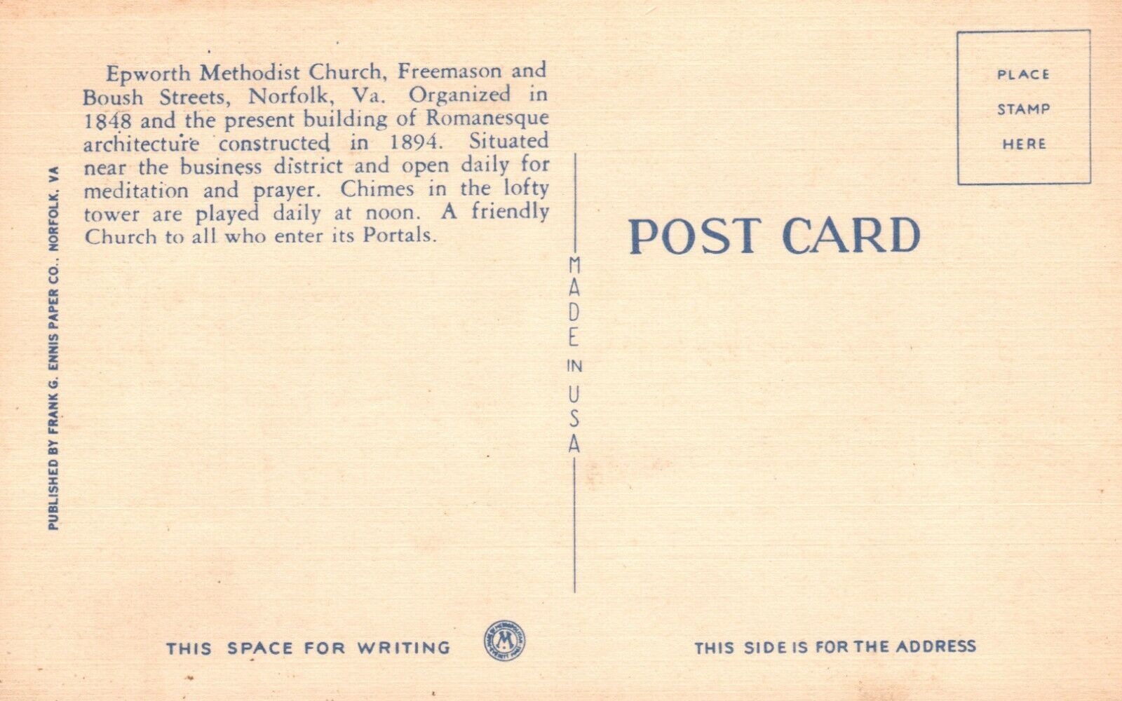 Vintage Postcard 1930's Epworth Methodist Church Norfolk VA Freemason ...