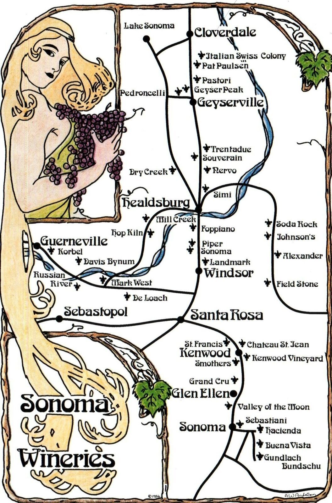 MAP of Sonoma's Wineries OLD Lady of the Vine Continental Size Postcard ...