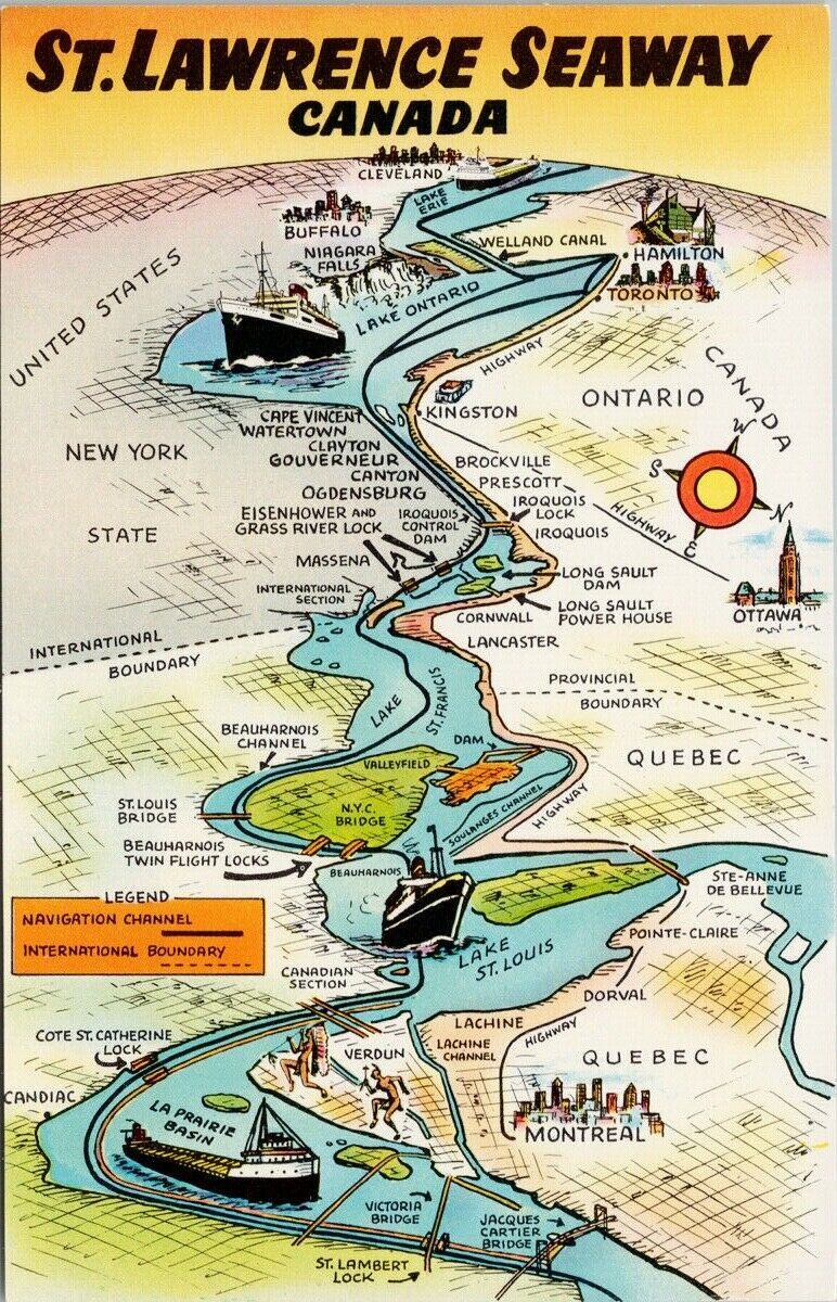 St. Lawrence Seaway Canada Map Illustration Postcard G30 | Canada ...