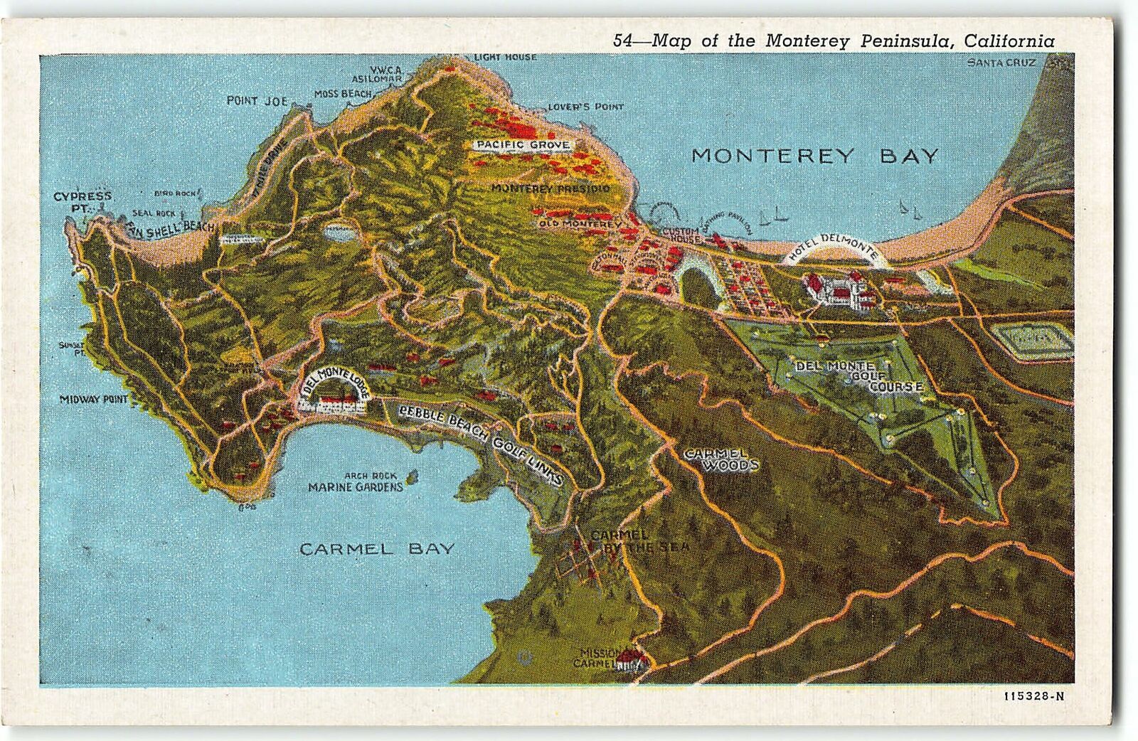 Map of the MONTEREY PENINSULA, CALIFORNIA c9150s Postcard by Teich ...