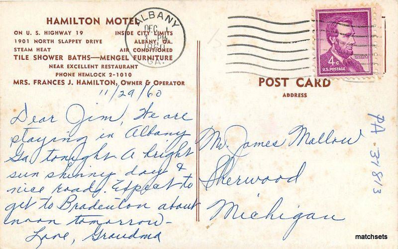 1960s ALBANY GEORGIA Hamilton Motel roadside Interior postcard 3087 ...