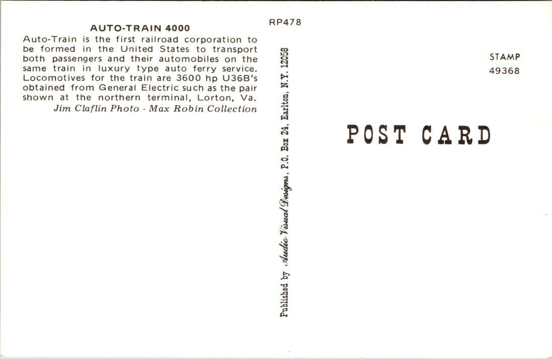 Vintage Railroad Train Locomotive Postcard - Auto Train 4000 | Other ...