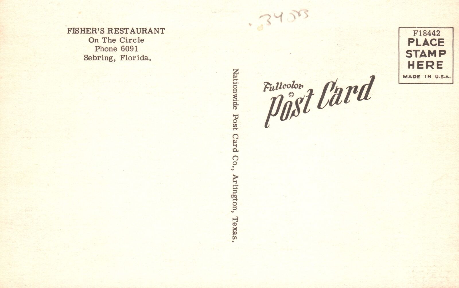 Vintage Postcard Fisher's Restaurant Landmark On The Circle Sebring ...