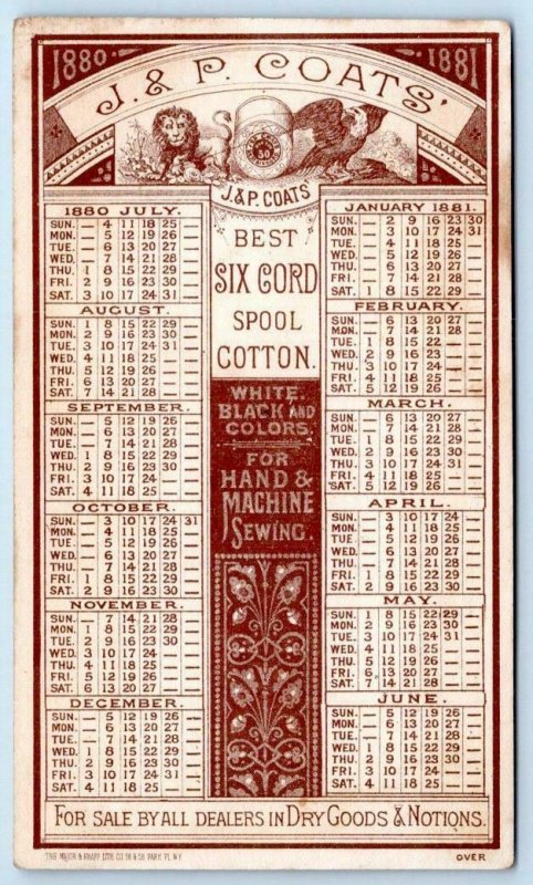 1880 Calendar Card*Coat's Cotton Thread*Cleopatra's Needle Sailing to ...