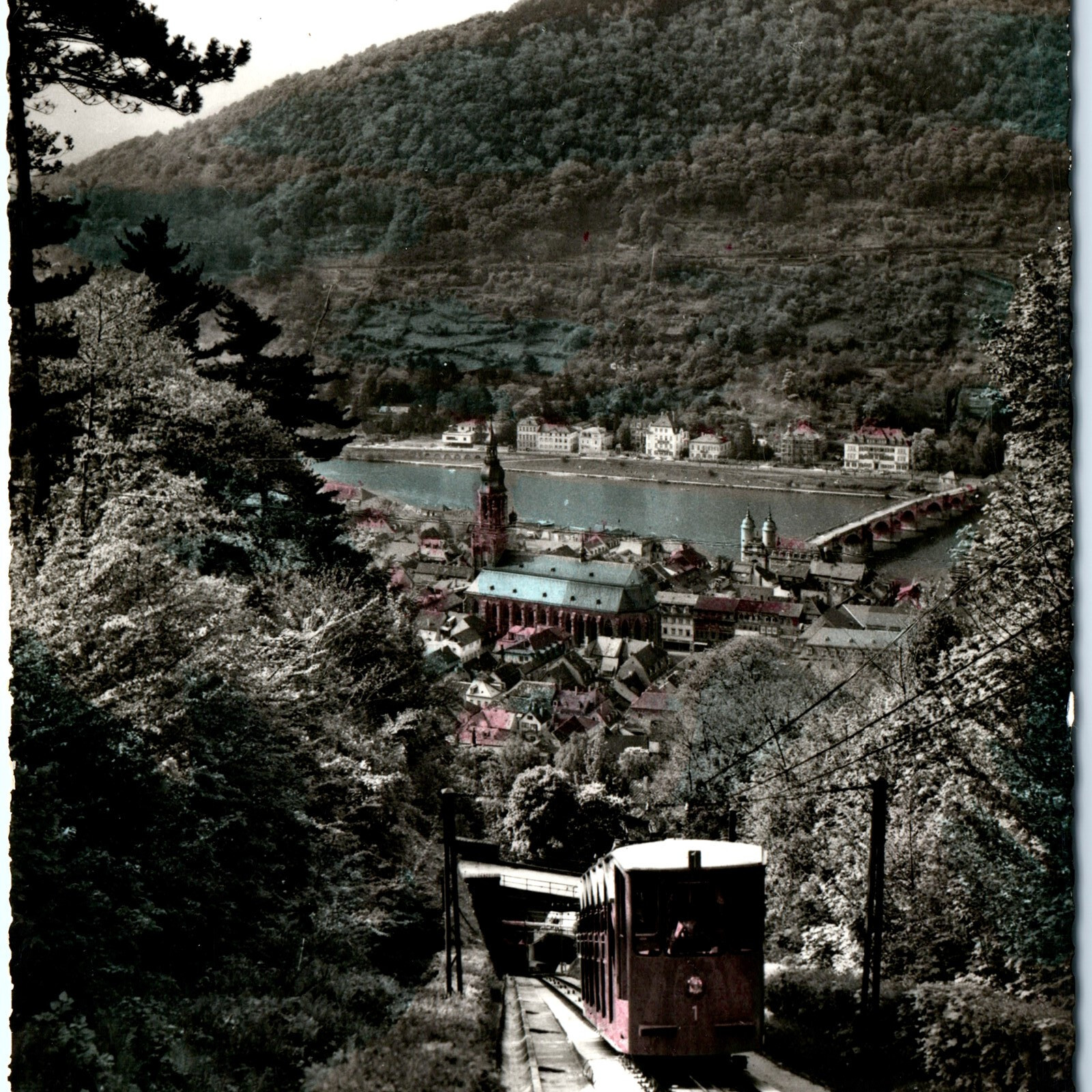 c1960s Heidelberg, Germany RPPC Bergbahn Funicular Railway Aerial Hand ...