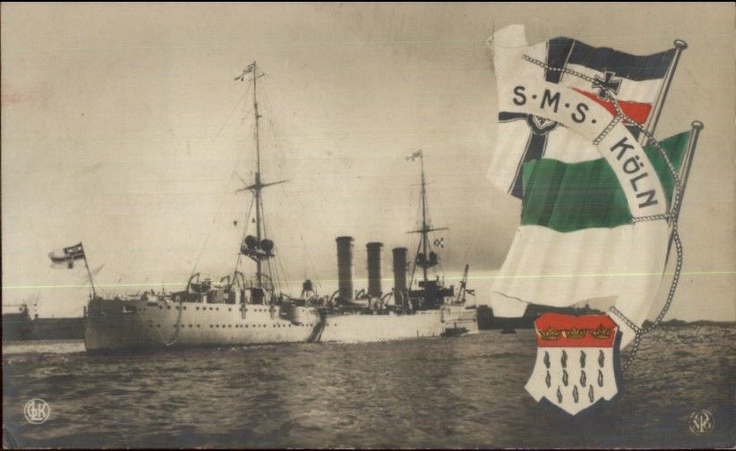 German Navy Naval Battleship & Flags SMS KOLN Tinted Real Photo ...