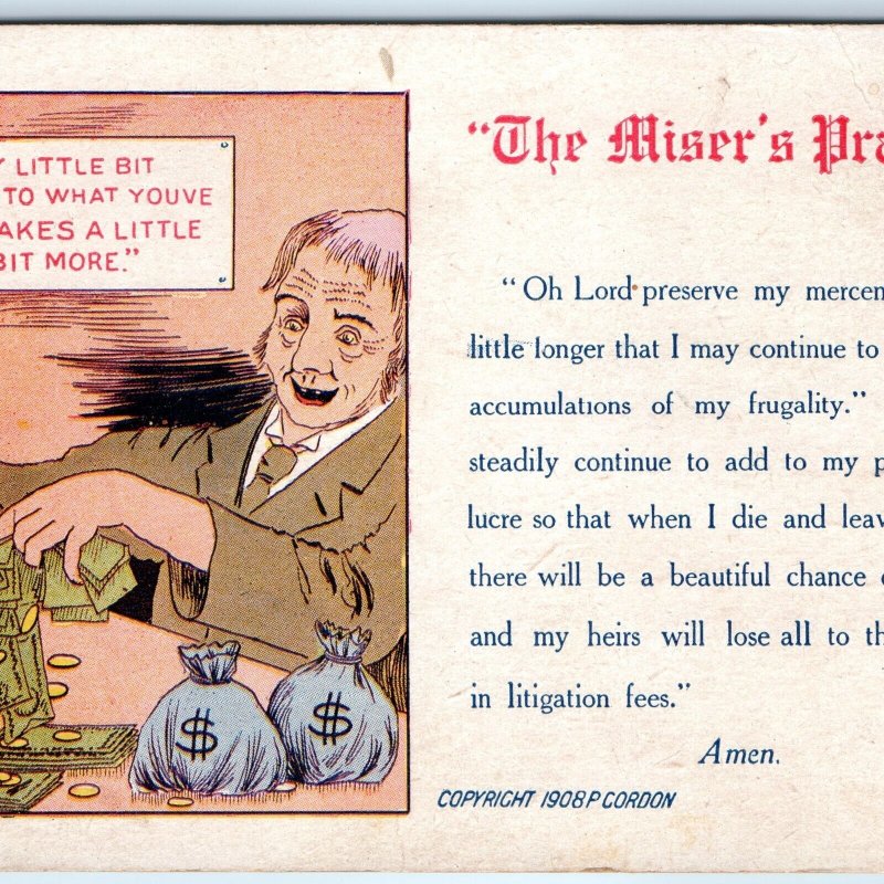 1908 Miser's Prayer PC Wealth Money Bags Coin Greed Usury Sin Corrupt ...