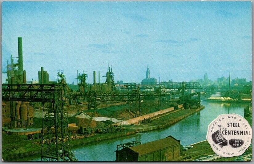 1957 Cleveland, Ohio Postcard "CITY OF THE STEEL AGE" Cuyahoga River ...
