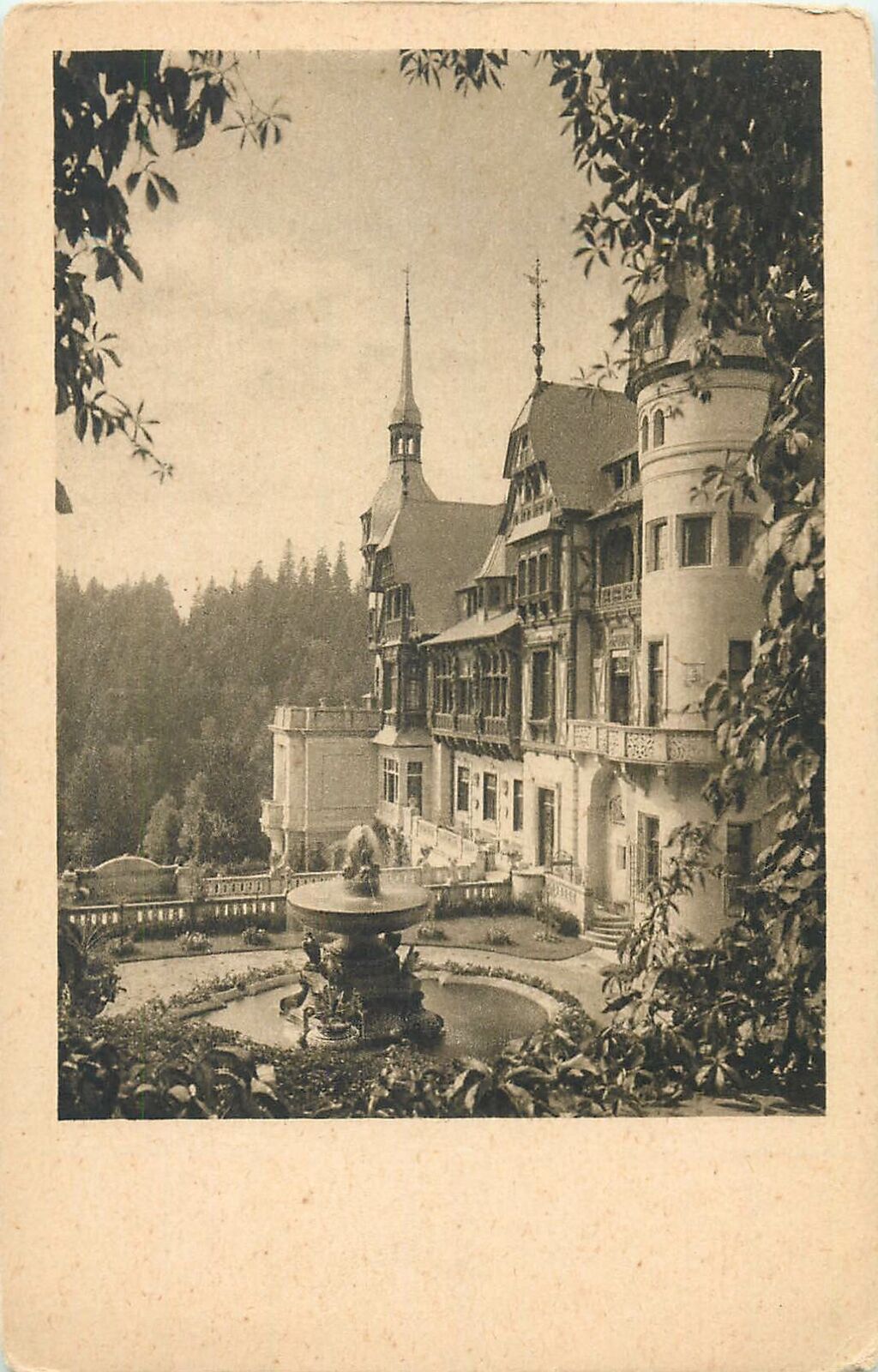 Postcard Romania Sinaia Castelul Muzeul Peles fatada si terase fantana ...