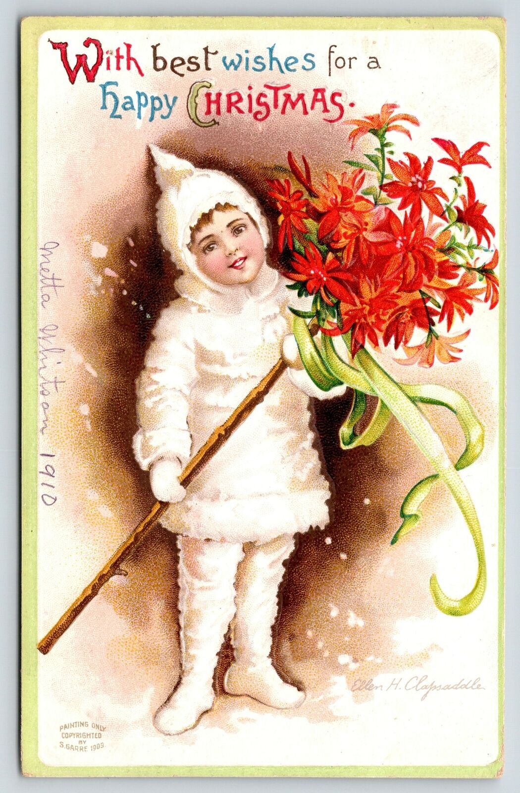 Ellen Clapsaddle Christmas~Lil Girl in White Snowsuit~Poinsettias on ...