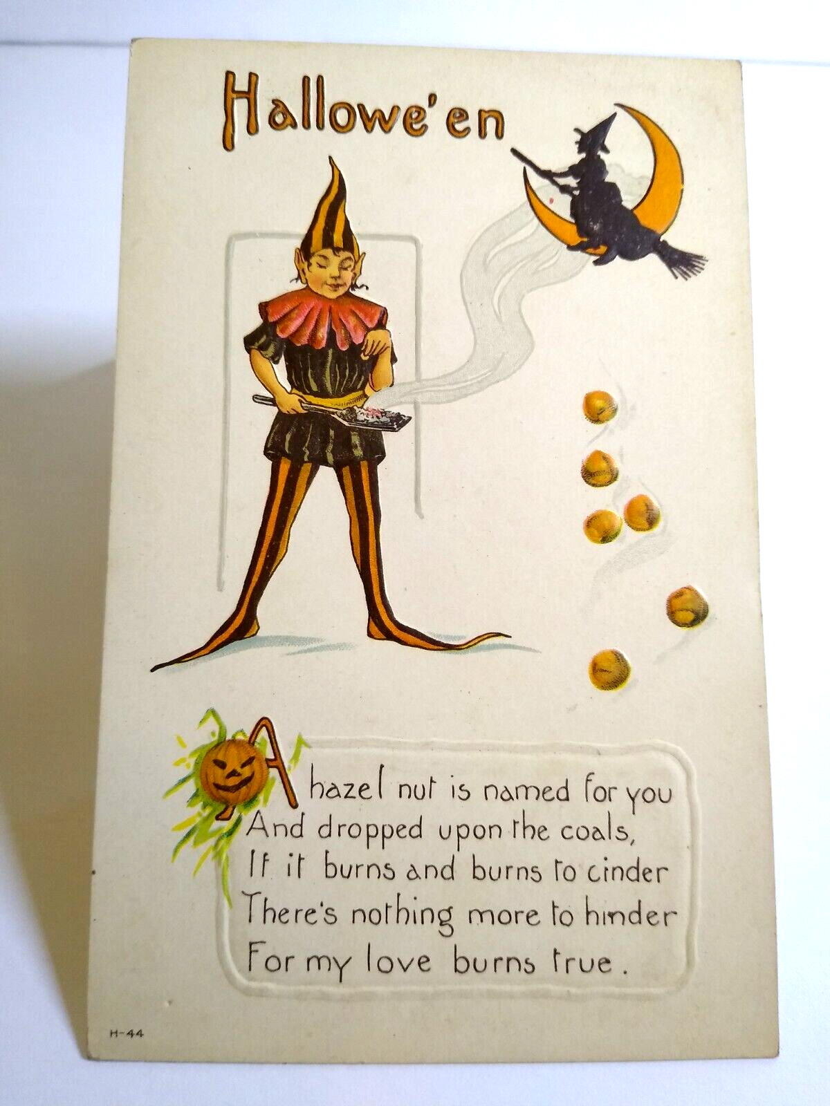 Halloween Postcard Fantasy Jester Hazel Nuts Poem Witch Crescent Moon H ...