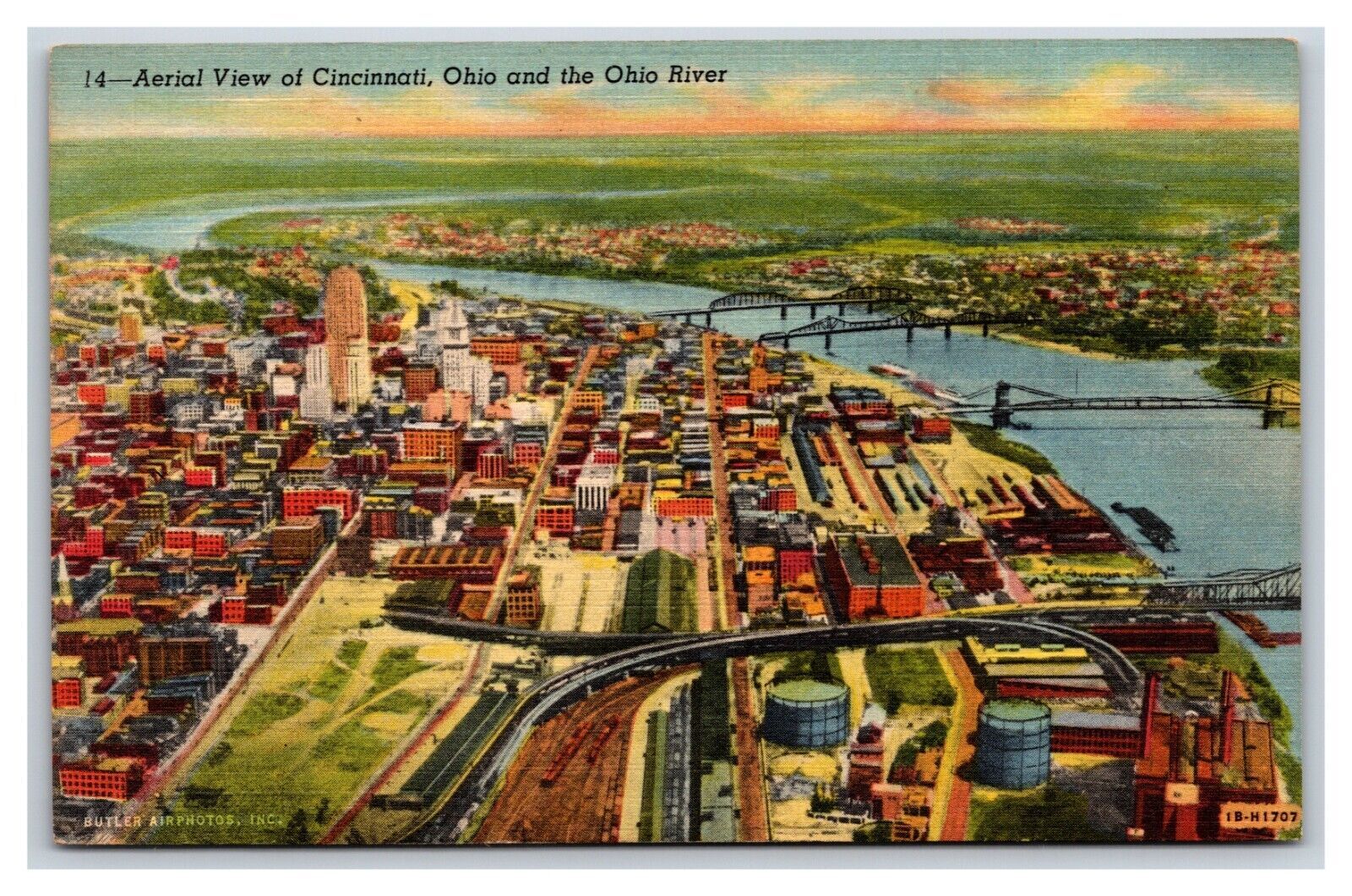 Aerial View Skyline and Ohio River Cincinnati Ohio OH UNP LInen ...