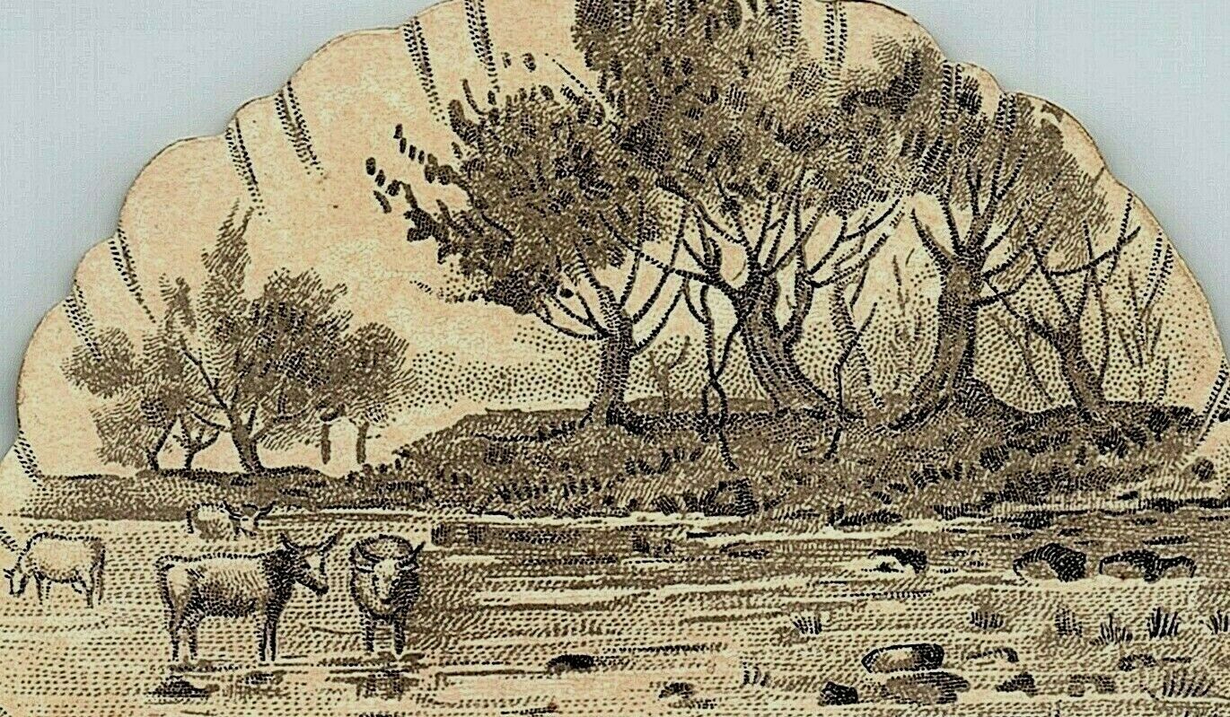 1870's-80's Die-Cut Clam Shell Christmas Greetings Cattle Lake Trees ...