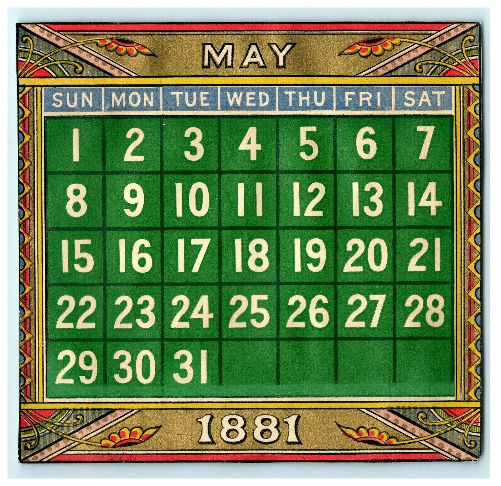 1881 Graphical Scrap Cincinnati OH Printers May Calendar Art Nouveau ...