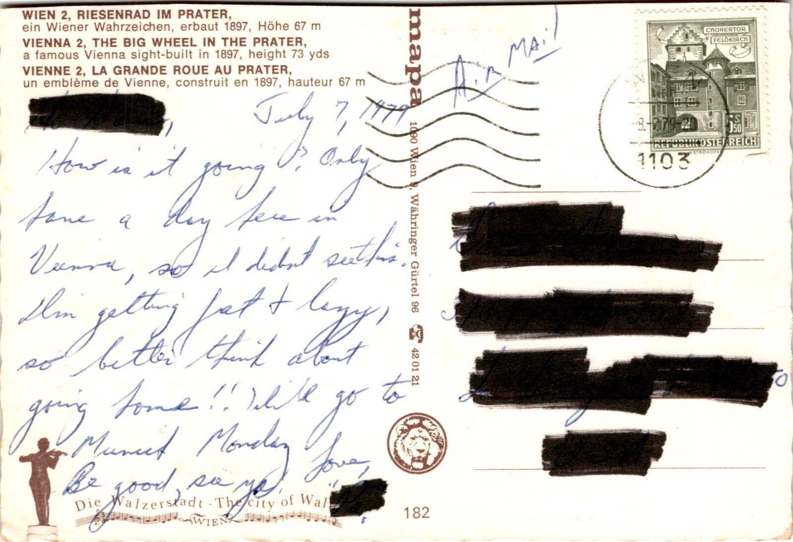 Vienna postcard: Mini-golf, Riesenrad sight, hot weather, address ...