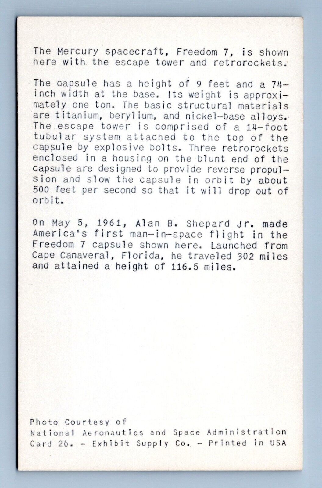 1962 NASA Mercury Freedom 7 Card 26 of 32 Exhibit Supply Arcade Card M3 ...