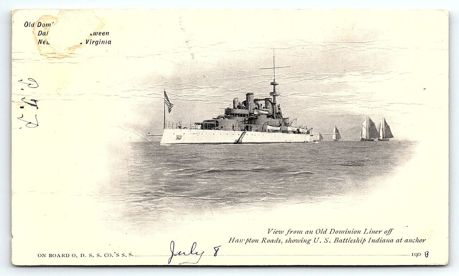 1903 OLD Dominion Line PMC Postcard Hampton VA USS Indiana Battleship ...