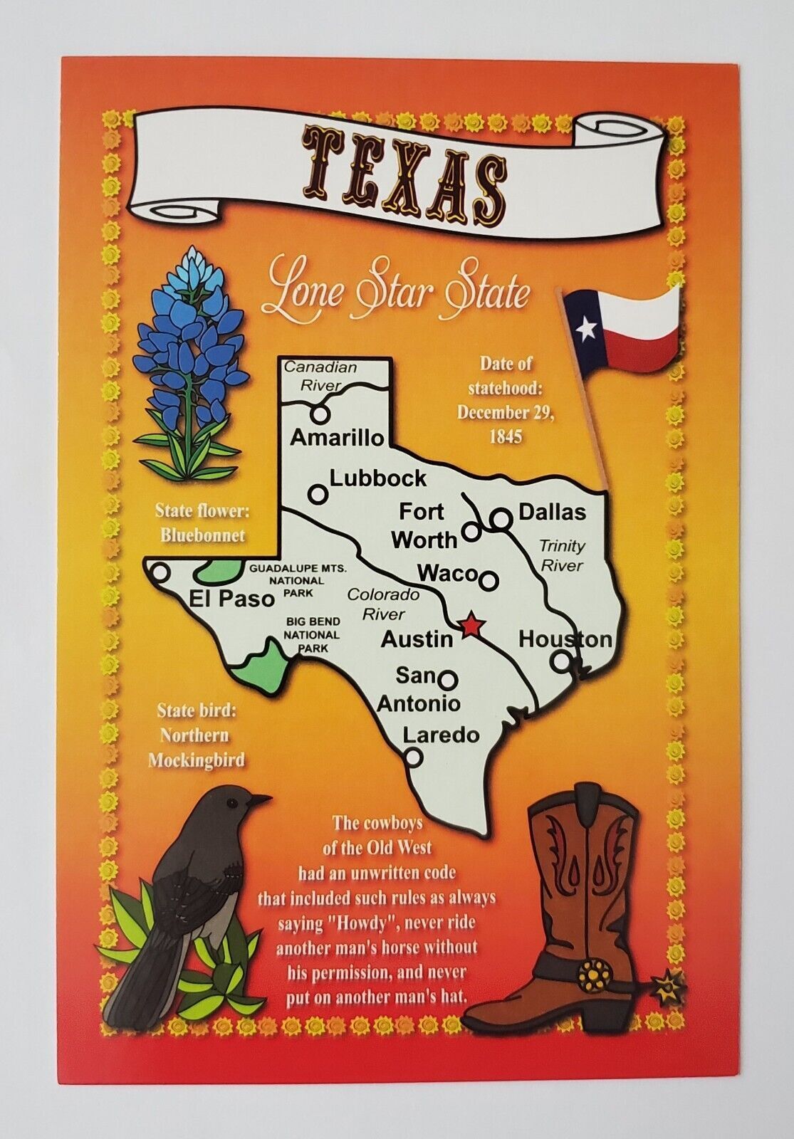 Texas Lone Star State Map Points of Interest TX Postcard Flower Bird ...