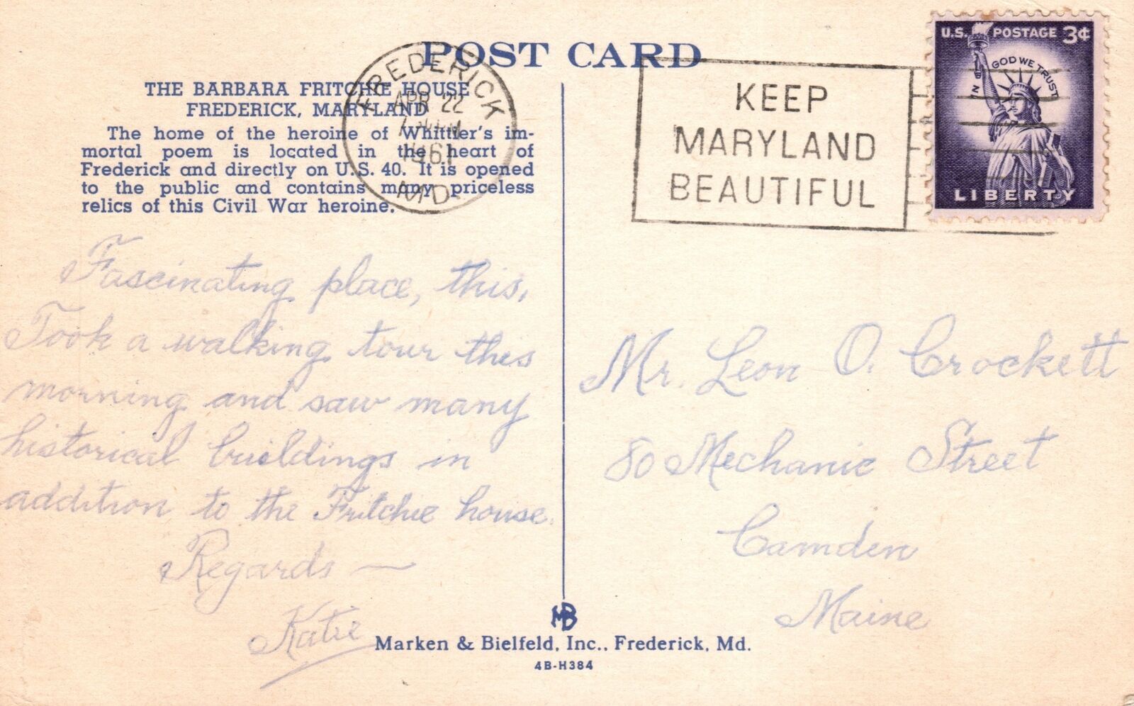 Vintage Postcard 1961 Barbara Fritchie House Home Of Heroine Frederick ...