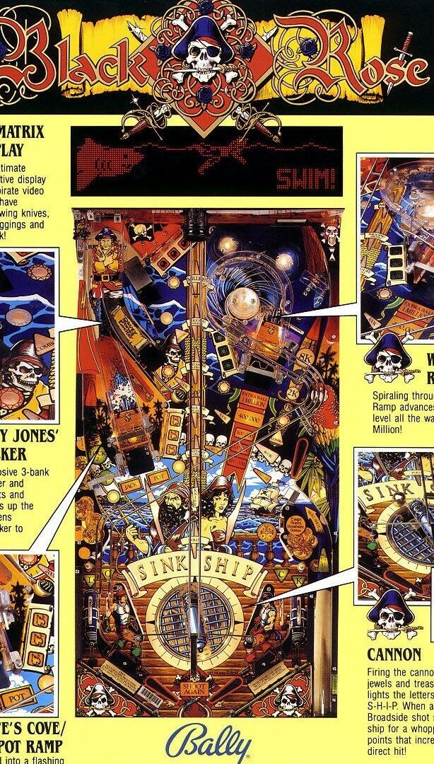 Black Rose Pinball Flyer Original 1992 NOS Pirate Ship Skulls Art Print ...