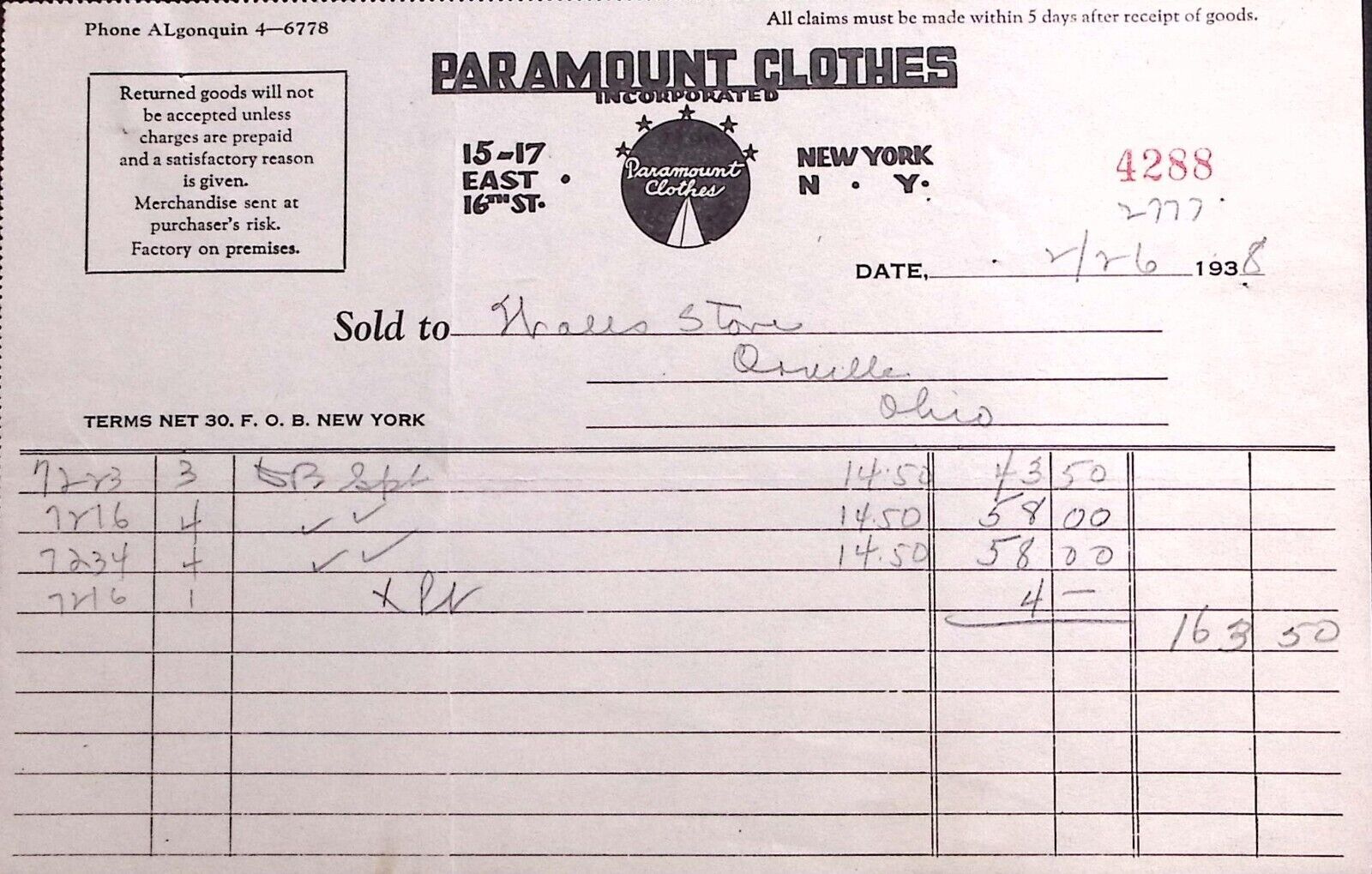 1938 Paramount Clothes New York Walls Store Orrville Billhead Statement ...