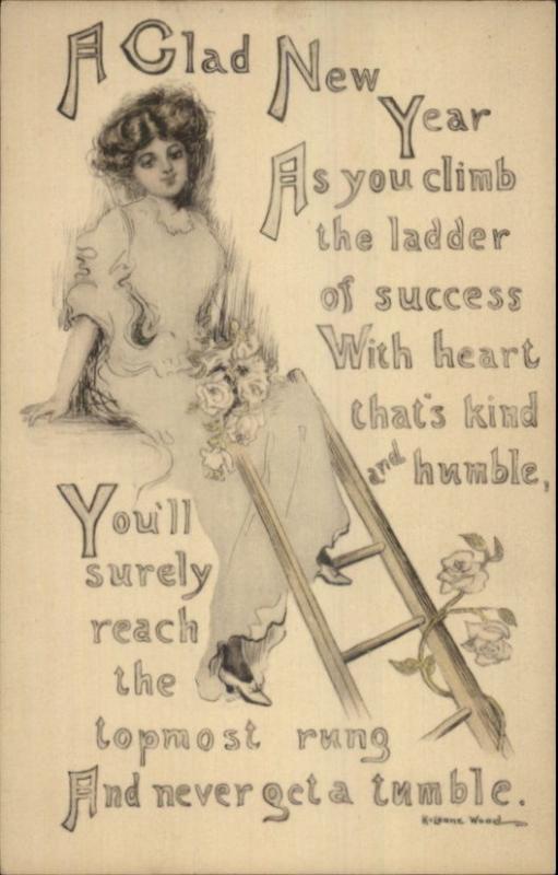 New Year Beautiful Woman Climbs Ladder & Poem c1910 Postcard | Topics ...