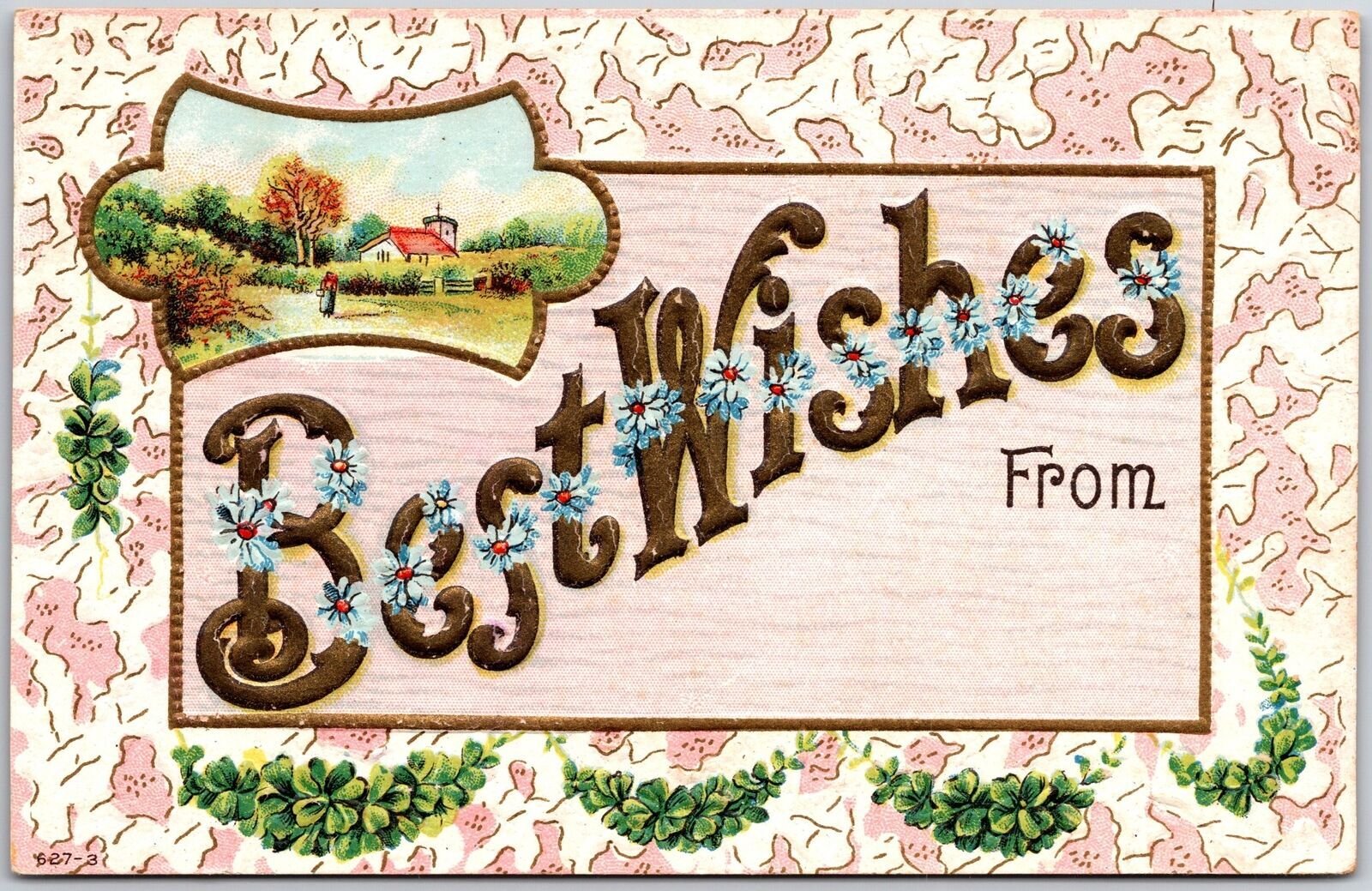 Best Wishes Countryside Village Landscape Green Leaves Frame Greetings ...