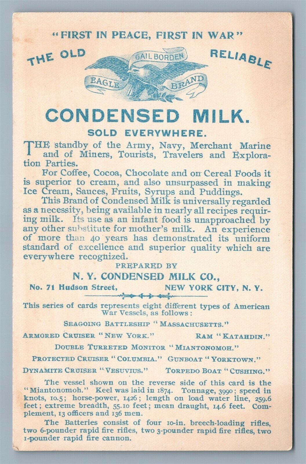 US Monitor Miantonomoh Ship Victorian Trade Card Condensed Milk New ...
