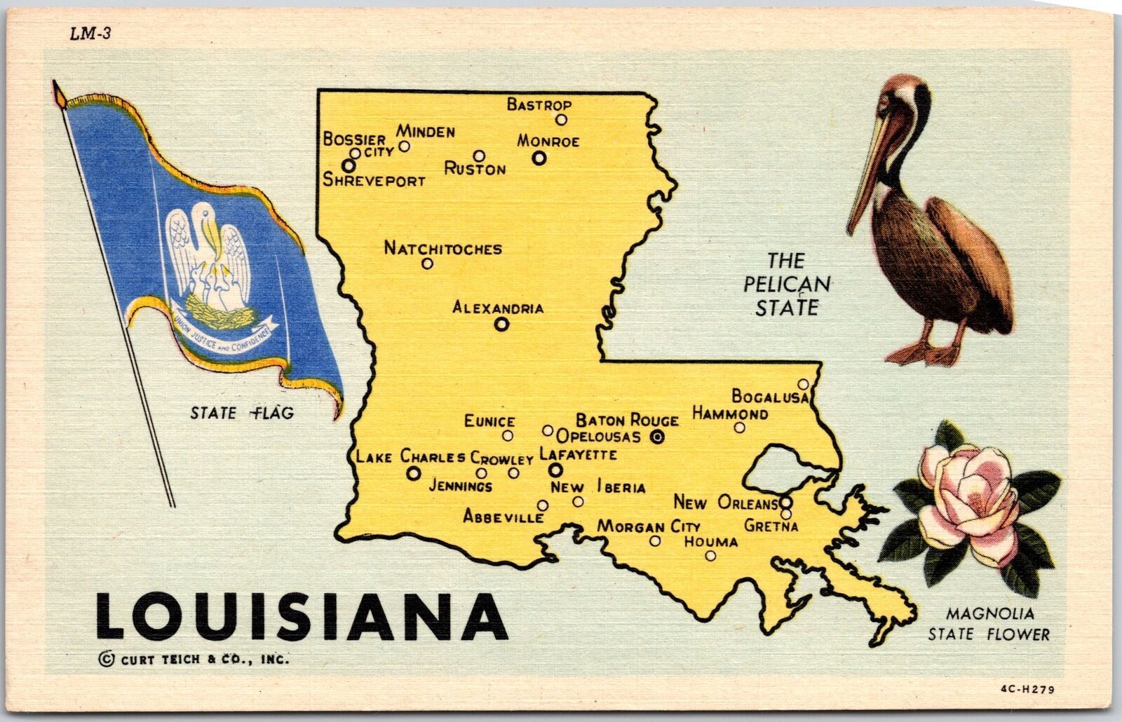 LO-Louisiana, Detailed Map, The Pelican, State Flag & Magnolia Flower ...