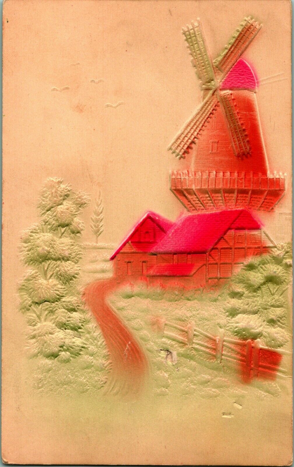 Windmill Cabin and Path Airbrushed High Relief UNP Unused 1910s ...