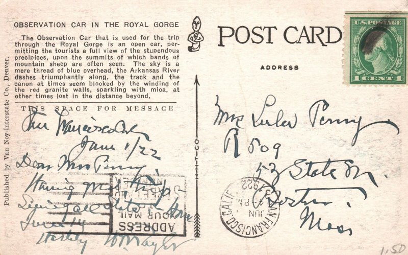 Vintage Postcard 1922 Observation Car Through The Royal Gorge Colorado ...