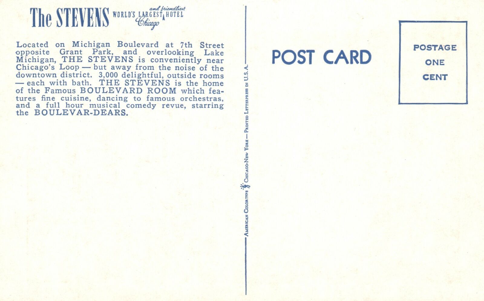 Vintage Postcard Stevens World's Largest Hotel Michigan Blvd. Chicago ...