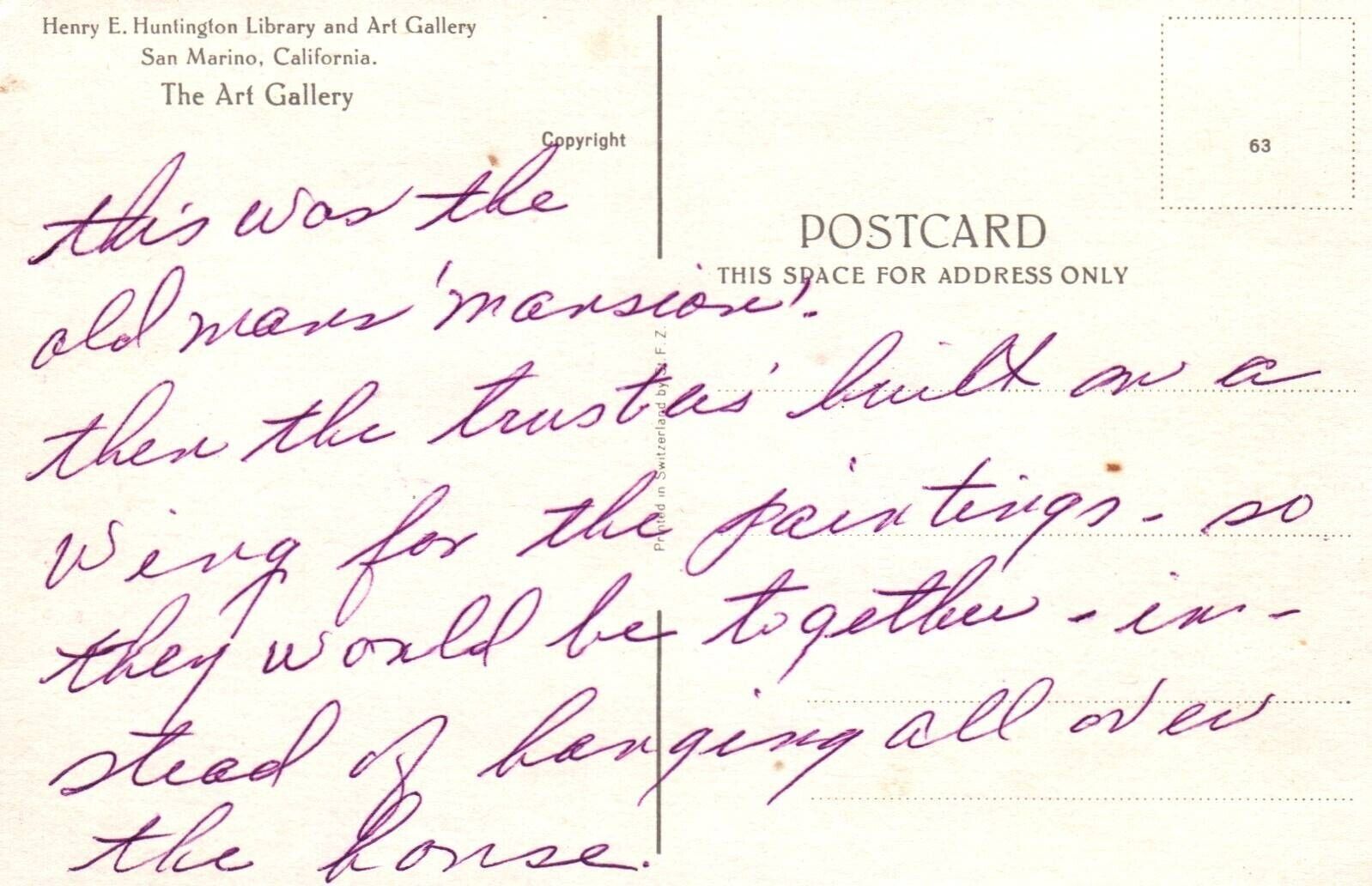 Vintage Postcard - Henry Huntington Library Art Gallery - San Marino ...