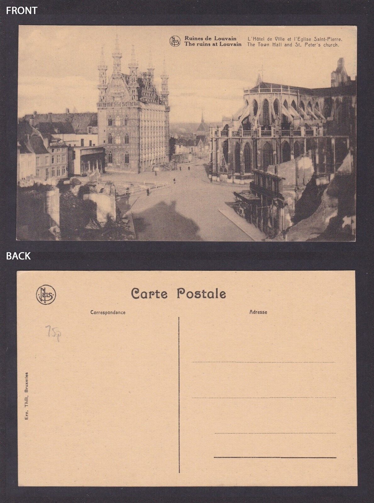BELGIUM, Postcard, Leuven, The Town Hall and St. Peter's church, WWI ...