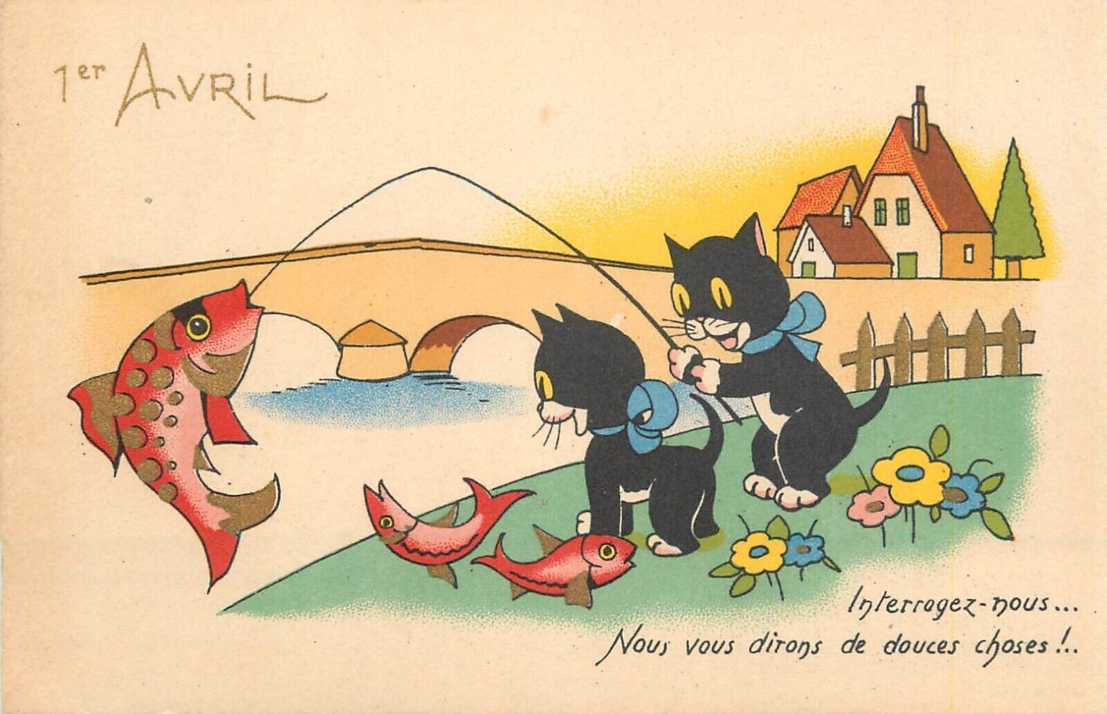 April Fools' Day drawn fishes and black cats greetings set of 3 ...