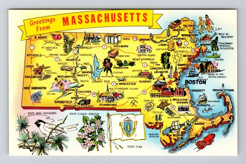 MA- Massachusetts, Scenic Map Greetings, Landmarks, Vintage Chrome ...