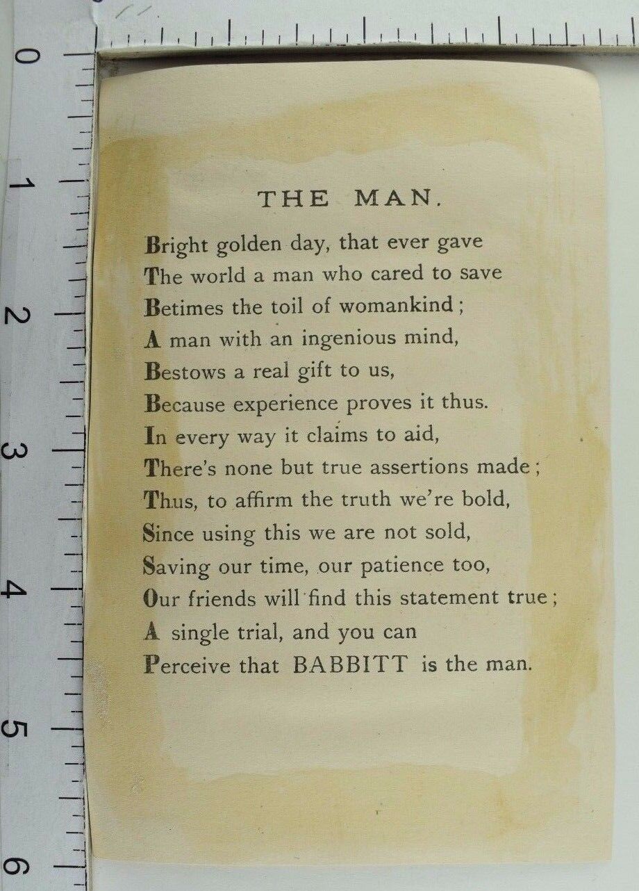 B.T Babbitt's 1776 Powder Soap Colonial Boy & Girl Poem "The Man" *I ...