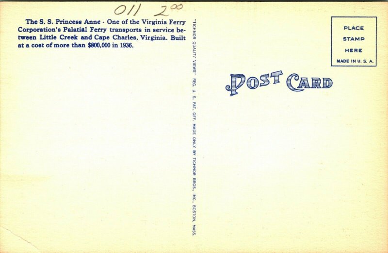 SS Princess Anne Ferry Boat Cape Charles Little Creek Norfolk VA Linen ...