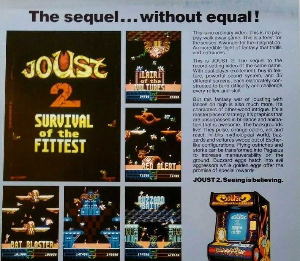 Williams Joust 2 Arcade Game FLYER Original Vintage 1986 Retro Game Art ...