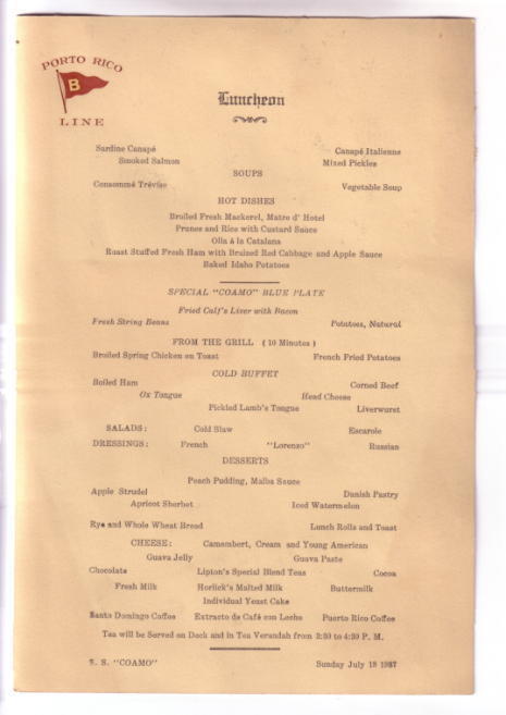 SS Coamo 1937 Cruise Puerto Rico Luncheon Menu | Ephemera - Menus ...