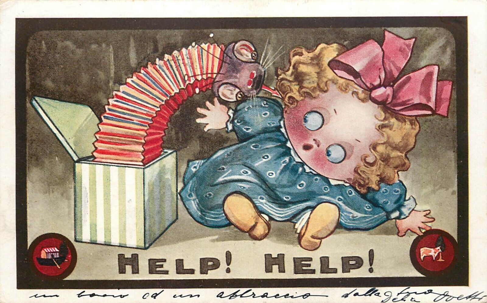 Cute Kiddies series caricature comic girl snake scary box Help! Help ...