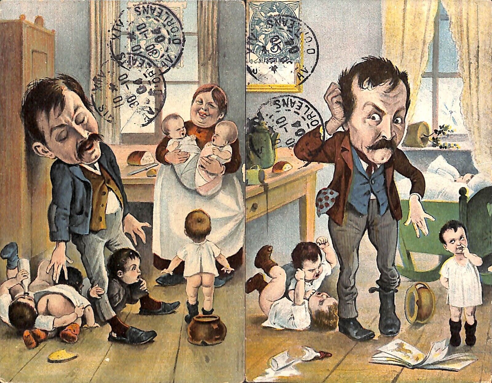 Surrealism multi babies humor children dispute tired father comic ...