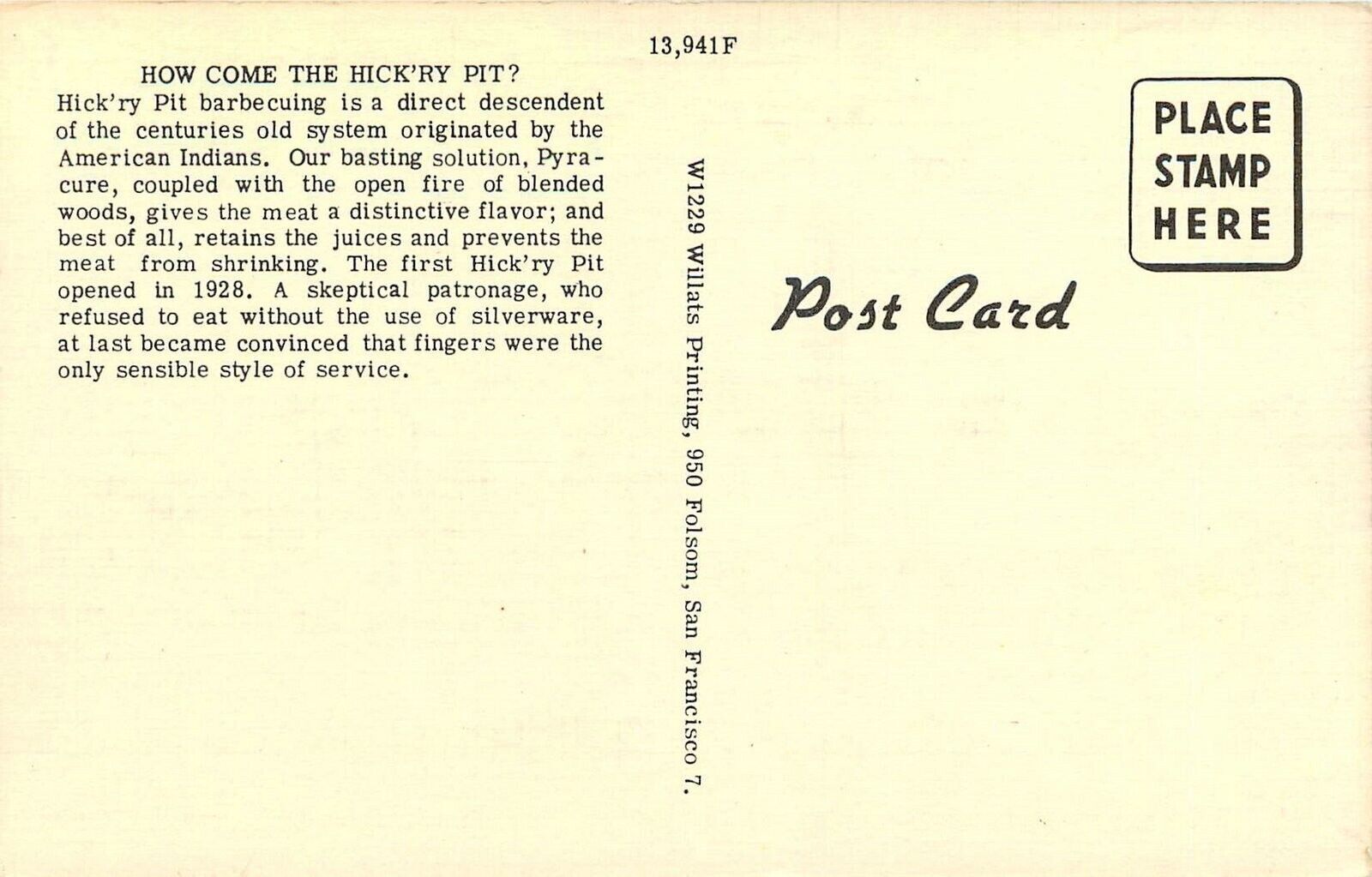 1940s San Francisco California Hick'ry Pitt Postcard restaurant Willats ...