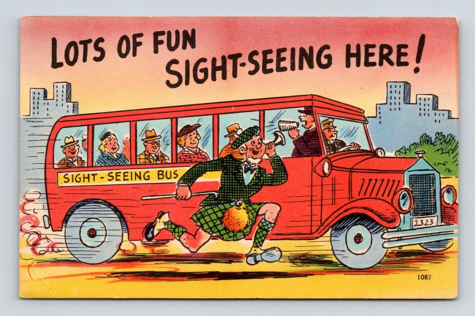 Comic Tour Bus Fun Sightseeing Here Man in Kilt UNP Linen Postcard I17 ...