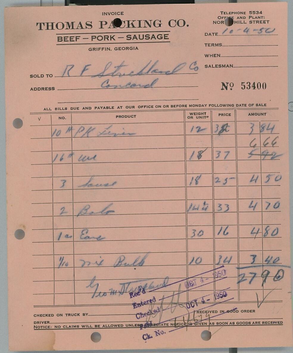1950 Thomas Packing Co. Griffin GA Beef-Pork-Sausage Invoice for Meat ...