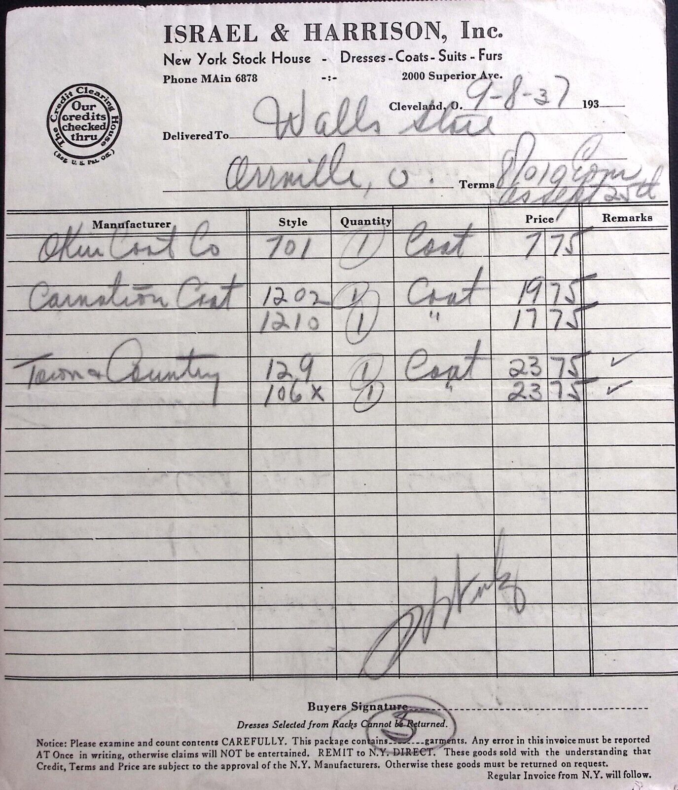 1937 Israel & Harrison Dresses Coats Suits Furs New York Billhead ...