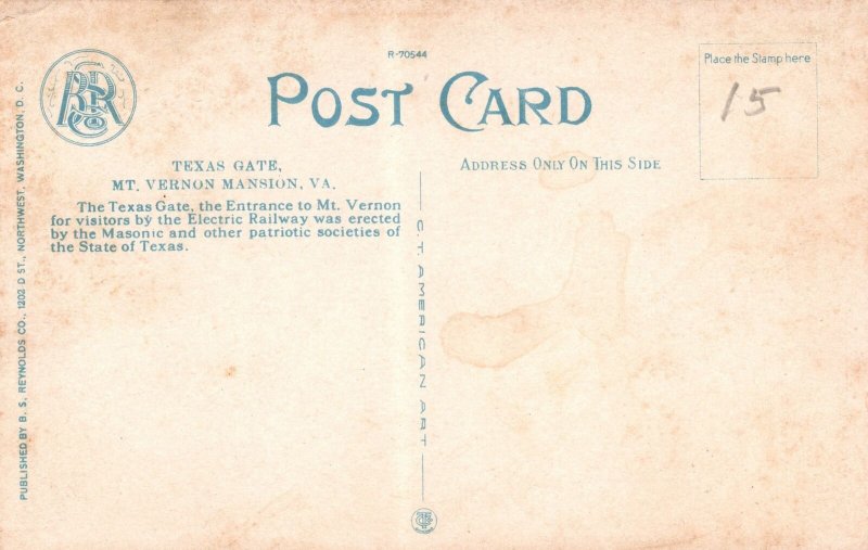 Vintage Postcard 1920's Texas Gate Mt. Vernon Mansion Va. Virginia ...