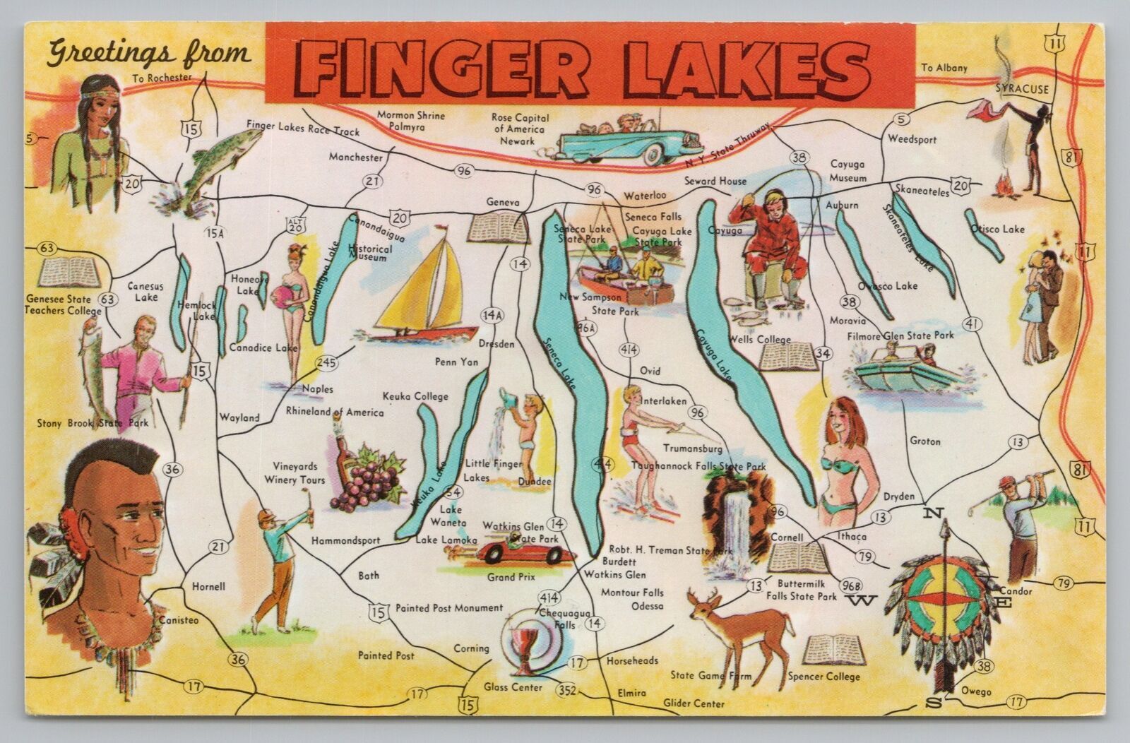New York~Map of Finger Lakes Region~Drawings Indians & Tourists~Vintage ...
