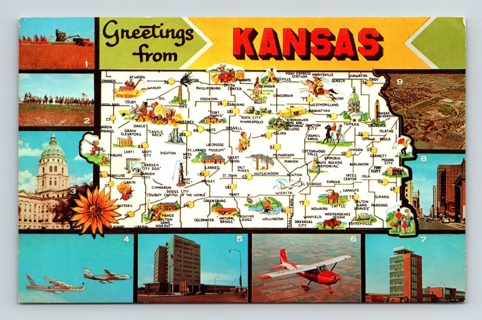 Greetings Kansas State Map Multi View Scenic Landmarks Chrome Postcard ...